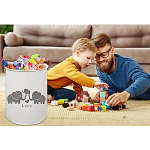 HIYAGON 19.7" x 15.7"Laundry Basket,Round Cotton Linen Storage Bin with Drawstring Cover for Bathroom/Closet/Toys Storage(Elephants)