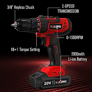 KEYFINOOL 20V Lithium-Ion Cordless Drill Set, 18+1 Power Drill Kit With 2.0Ah Battery & 1H Fast Charger, 2-Variable Speeds, 265 In-lbs Torque Power, LED Light, 22pcs Driver/Drill Bits