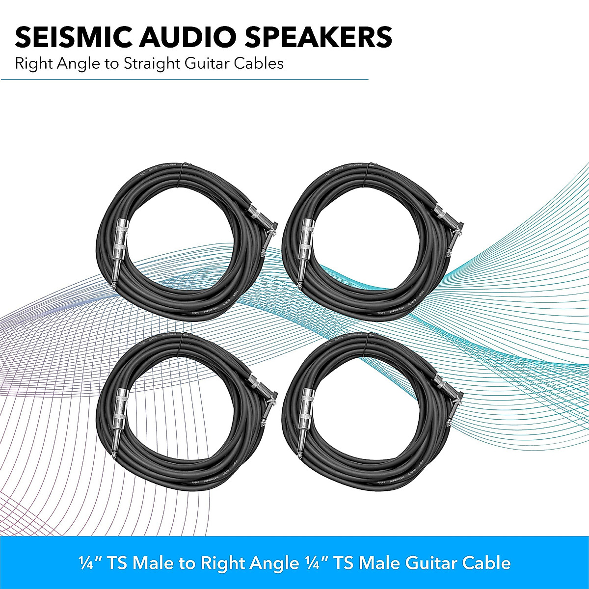Seismic Audio Speakers Guitar Cables, Right Angle To Straight Guitar Cables, Black, 20 Feet, 4 Pack