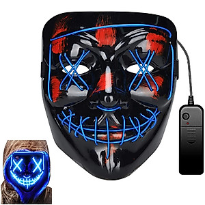 PENGYOU LED Halloween Mask Face El Wire Glow Scary Purge Light Up Masks LED for Women Men Kids Festival Gifts Blue, 8x6.9x3.5 inches