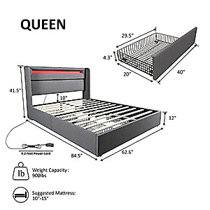 AMERLIFE Queen Bed Frame with RGBW LED Lights Headboard & 4 Storage Drawers, Upholstered Smart Platform Bed with USB & USB-C Ports, Box Spring Optional, Light Grey
