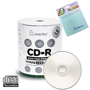 Smartbuy 100-disc 700mb/80min 52x CD-R Silver Inkjet Hub Printable Blank Media Disc + Free Micro Fiber Cloth