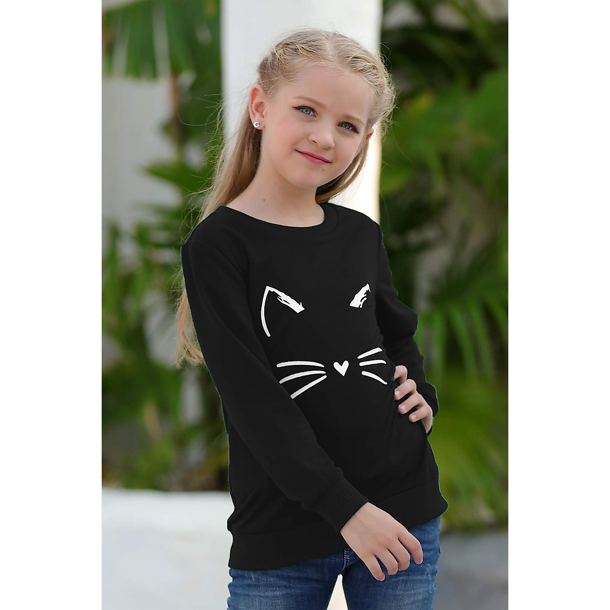 GORLYA Girl's Pullover Tops Cute Cartoon Graphic Print Sweatshirt Clothes for 4-14 Years Kids (GOR1059, 11-12Y, Black)