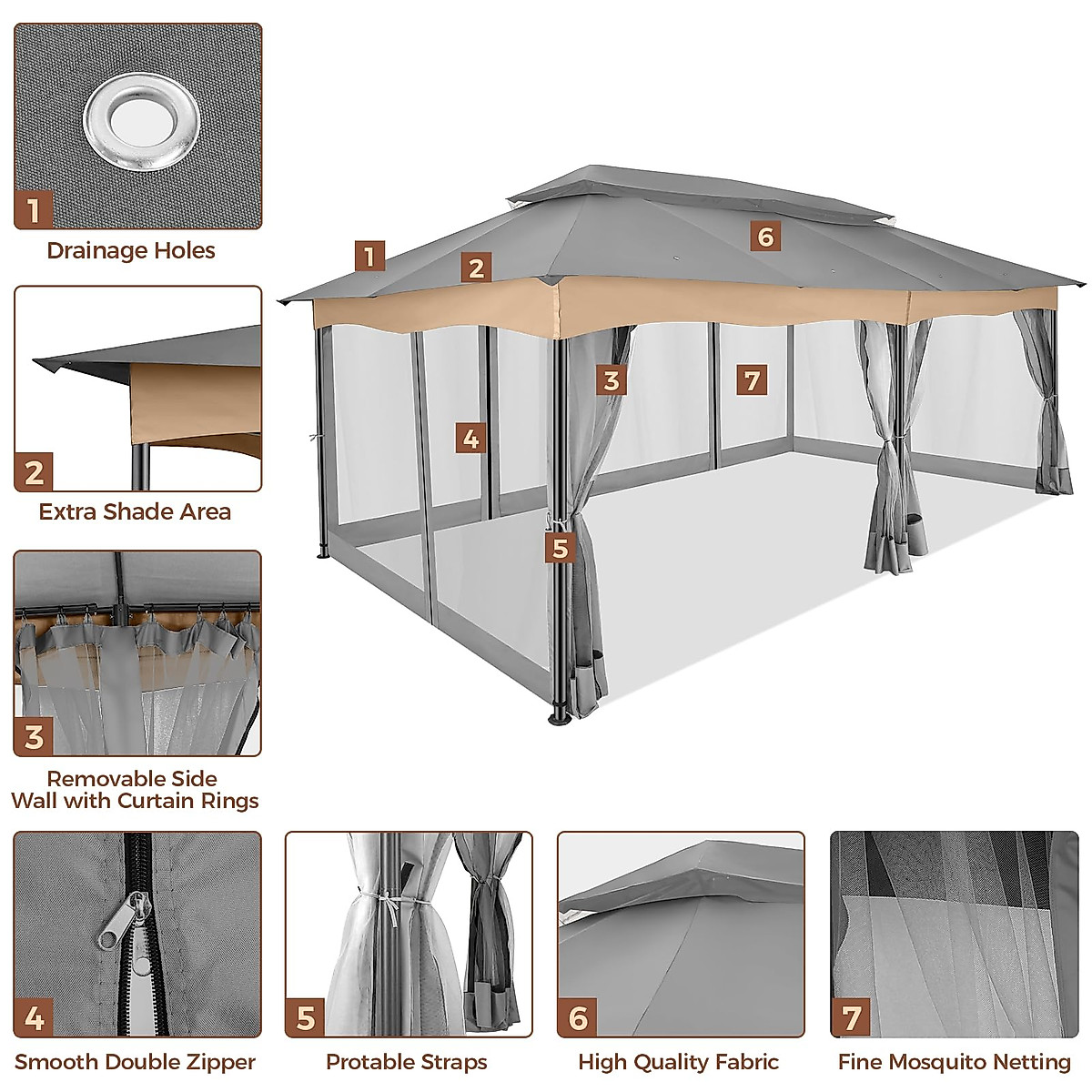 COBIZI Gazebo 10x20 Heavy Duty Patio Gazebo with Mosquito Netting Deck Gazebo with Metal Steel Frame Large Screen Gazebo Tent Waterproof with Double Roof for Backyard, Deck, Garden