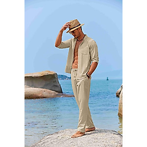 COOFANDY Beach Wear Linen Pants 2 Piece Men Casual Shirts Set Beach Party Wedding Outfits
