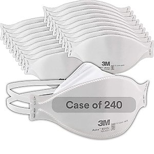 3M Aura Particulate Respirator 9210+, N95, Pack of 240 Disposable Respirators, Convenient Individually Wrapped, Stapled Flat Fold Design, Low Profile Design Reduces Eyewear Fogging, Pack of 12