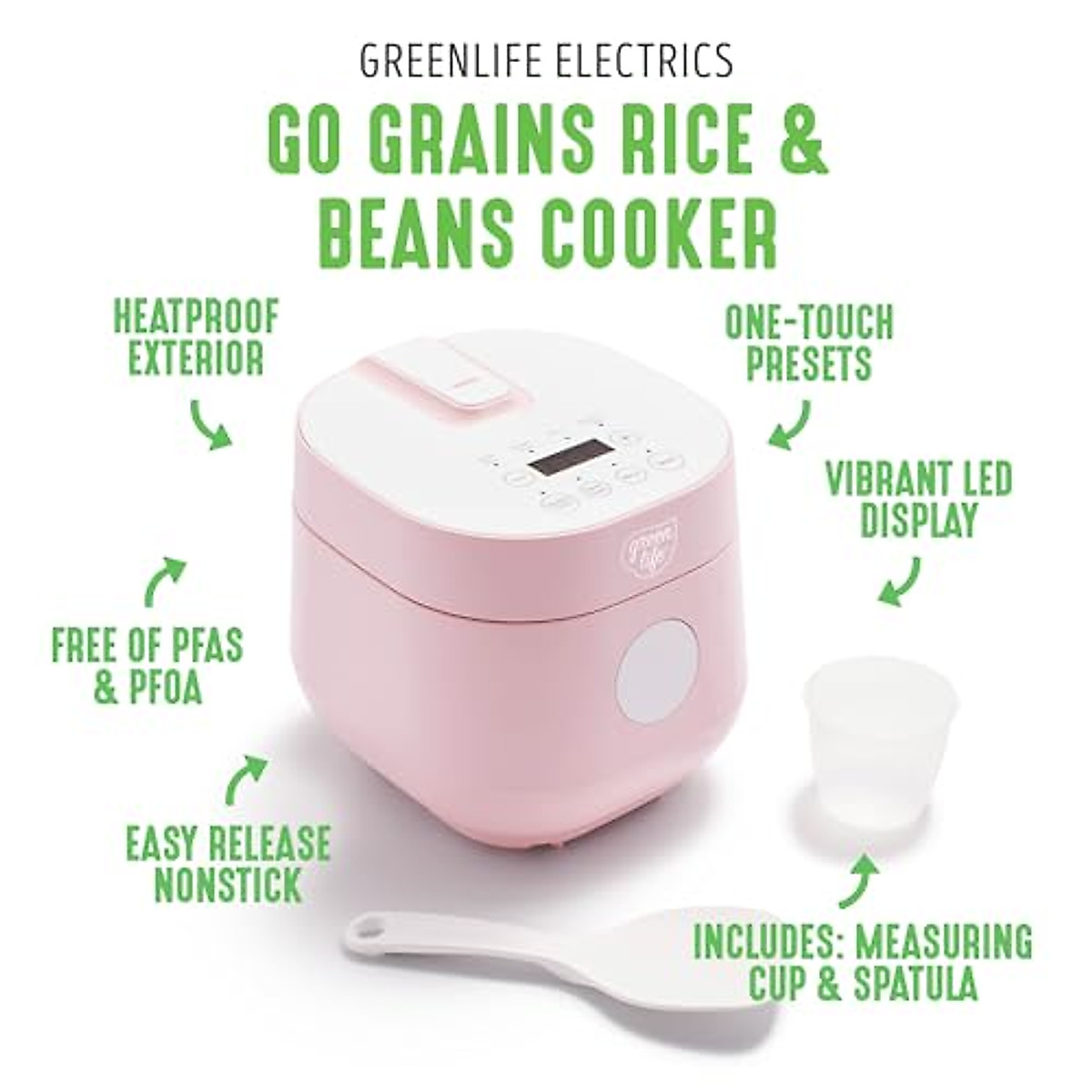 GreenLife PFAS-Free, 4-Cup Rice Beans Oats and Grains Cooker, Healthy Ceramic Nonstick, Easy to Use Automatic Presets, Dishwasher Safe Parts, Pink