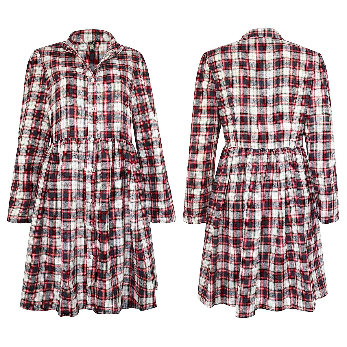 FANCYINN Women's Gingham Stand Collar Shirt Dress Button Up Casual Round Up Long Sleeve Mini Plaid Shirt Dresses Christmas Red and Black S