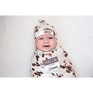 lulujo Birth Announcement Hat & Swaddle Blanket Set| Unisex Softest Bamboo Muslin Baby Swaddle Blanket| Neutral Receiving Blanket | 47in x 47in| Bamboo Knot Hat | Hello! Birth Announcement Sticker