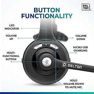 Delton 10X Trucker Bluetooth Headset, Wireless Headphones w/Microphone, Over The Head Single Earpiece with Mic for Skype, Call Centers, Truck Drivers - 18Hrs (with USB Dongle)