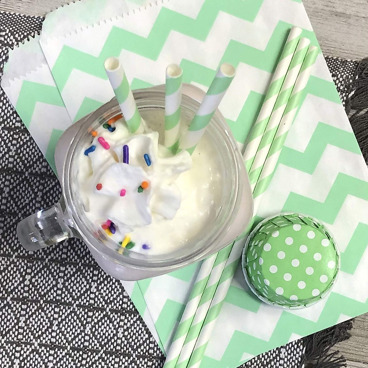 Paper Drinking Straws - Mint Green White - Stripe Chevron - 7.75 Inches - 100 Pack - Outside the Box Papers Brand