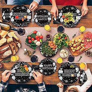 Kepeel 96 Pcs Black and Silver Birthday Plates and Napkins Sets, Black and White Happy Birthday Party Decorations Supplies for Men Women Glitter Birthday Party Disposable Tableware Favors, Serve 24