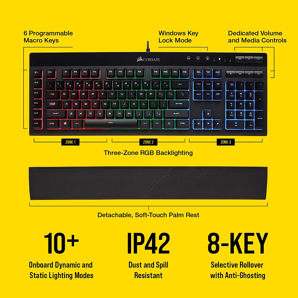 Corsair K55 RGB Gaming Keyboard - Quiet & Satisfying LED Backlit Keys - Media Controls - Wrist Rest Included - Onboard Macro Recording (Renewed)