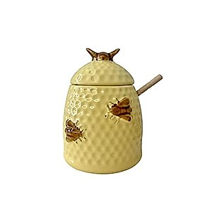 heart & home Ceramic Honey Jar with Dipper 14 oz, Honey Pot with Lid and Wood Dipper, Yellow