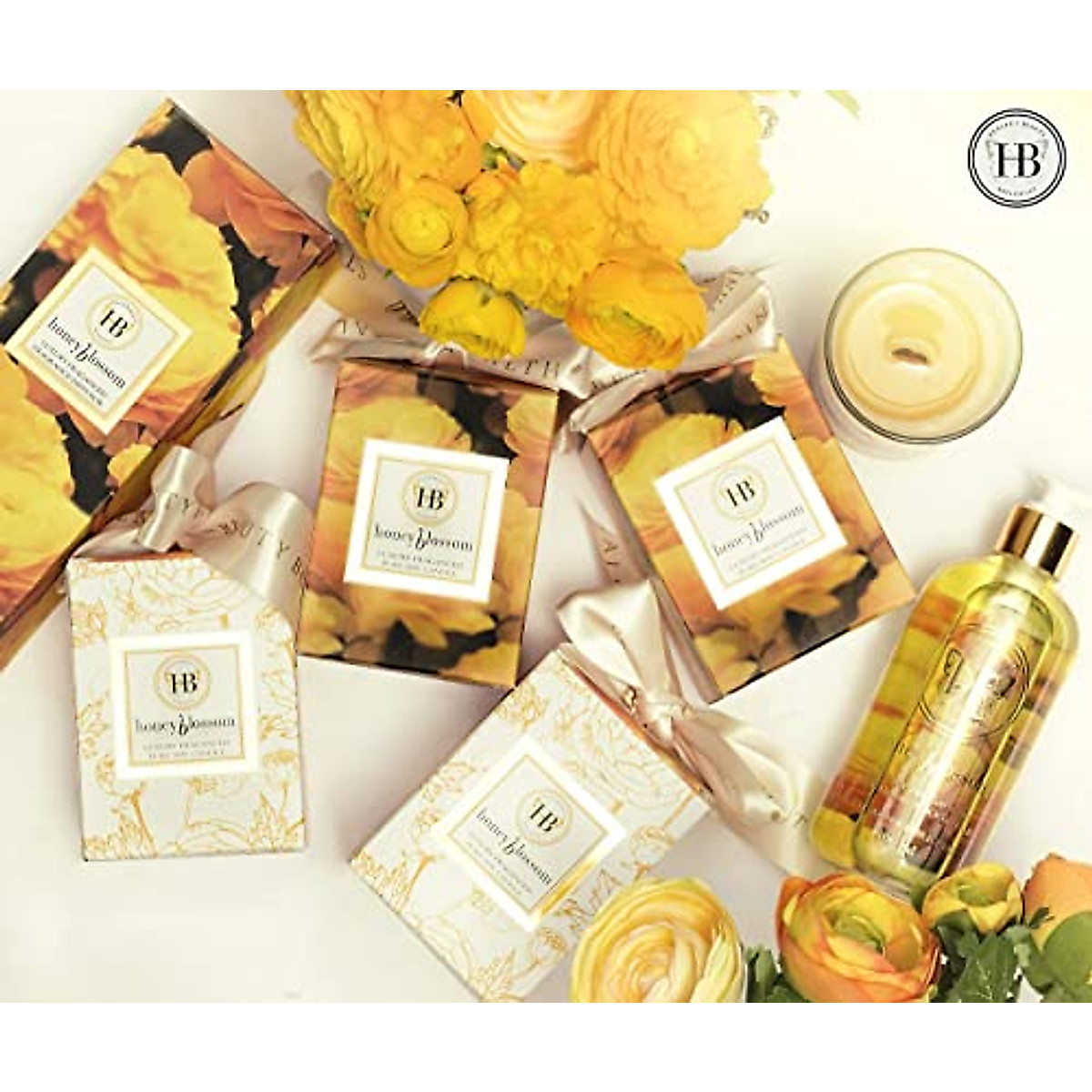 HB HEALTH BEAUTY BOTANICALS Blossom Candle. Honey Citrus Vanilla High Fragrance Soy Candle in Honey Wax 7.5 Oz Gold Glass