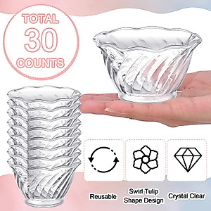 Rtteri 30 Pack Plastic Dessert Cups 6 oz Clear Ice Cream Sundae Tasting Bowls, Mini Round Swirl Tulip Shape Party Buffet Serving Cups for Yogurt Salad Appetizer Chocolate Candy Parfait Fruit