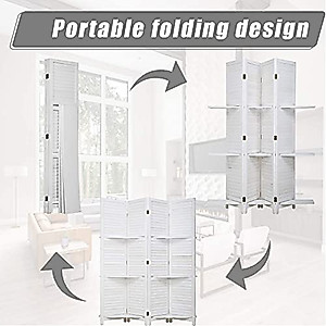 4 Panel Room Divider Folding Privacy Wooden Screen with Three Clever Shelf Portable Partition Screen Screen Wood for Home Office (White)