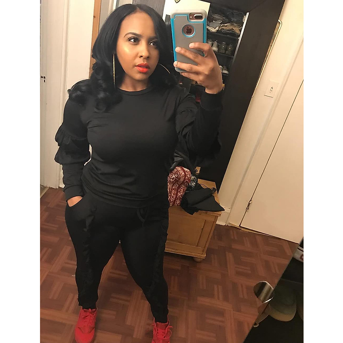 KANSOON Women 2 Pieces Outfits Long Sleeve Sweatshirt and Bodycon Ruffle Sweatpants Tracksuits Black Large