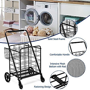 Goplus Folding Shopping Cart, Jumbo Double Basket Utility Grocery Cart 330lbs Capacity with 360° Rolling Swivel Wheels, Portable Heavy Duty Cart for Laundry Shopping Grocery