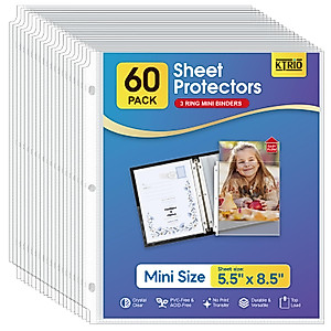 KTRIO Heavyweight Sheet Protectors 5.5 x 8.5 inch, Clear Page Protectors for Mini 3 Ring Binder, Plastic Sleeves for Binders, Top Loading Paper Protector, 60 Pack