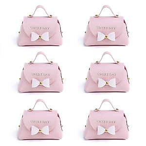 CheeseandU 6Pack Exquisite Simple Bowknot Handbag with Handle Gift Box Beautiful Pink Leather Gift Bag with White Bow Decor Wedding Candy Box Birthday Party Favor Boxes 5.1x3.15