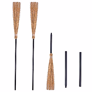 URATOT 3 Pieces Halloween Witch Broom Props Thatch Bamboo Witch Broomstick Retractable Straw Bamboo Witch Broom Party Decoration for Halloween Cosplay Favors