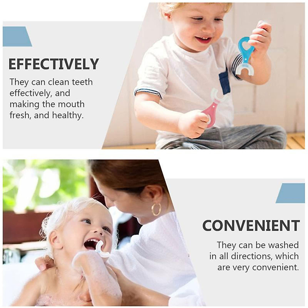 JUNDE 2Pcs Kids U- Shaped Toothbrush Food Grade Soft Silicone Brush Head Manual U-Type Toothbrush 360° Teeth Cleaning Brush Oral Training Toothbrush for Kids Ages 2-6 (Blue and Pink, Peach Heart)