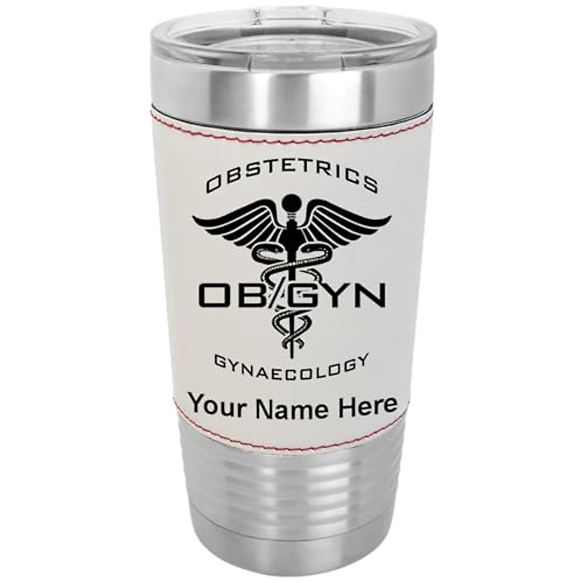 LaserGram 20oz Vacuum Insulated Tumbler Mug, OBGYN Obstetrics and Gynaecology, Personalized Engraving Included (Faux Leather, Baseball Style)
