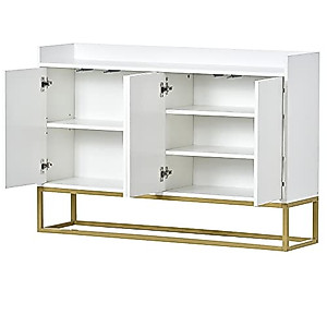 Modern Sideboard Elegant Buffet Cabinet with 4 Doors Storage Cupboard and Display Shelves,Buffet Server Console Table Floor Cabinet with Gold Metal Base for Dining Room/Entryway/Kitchen (White)