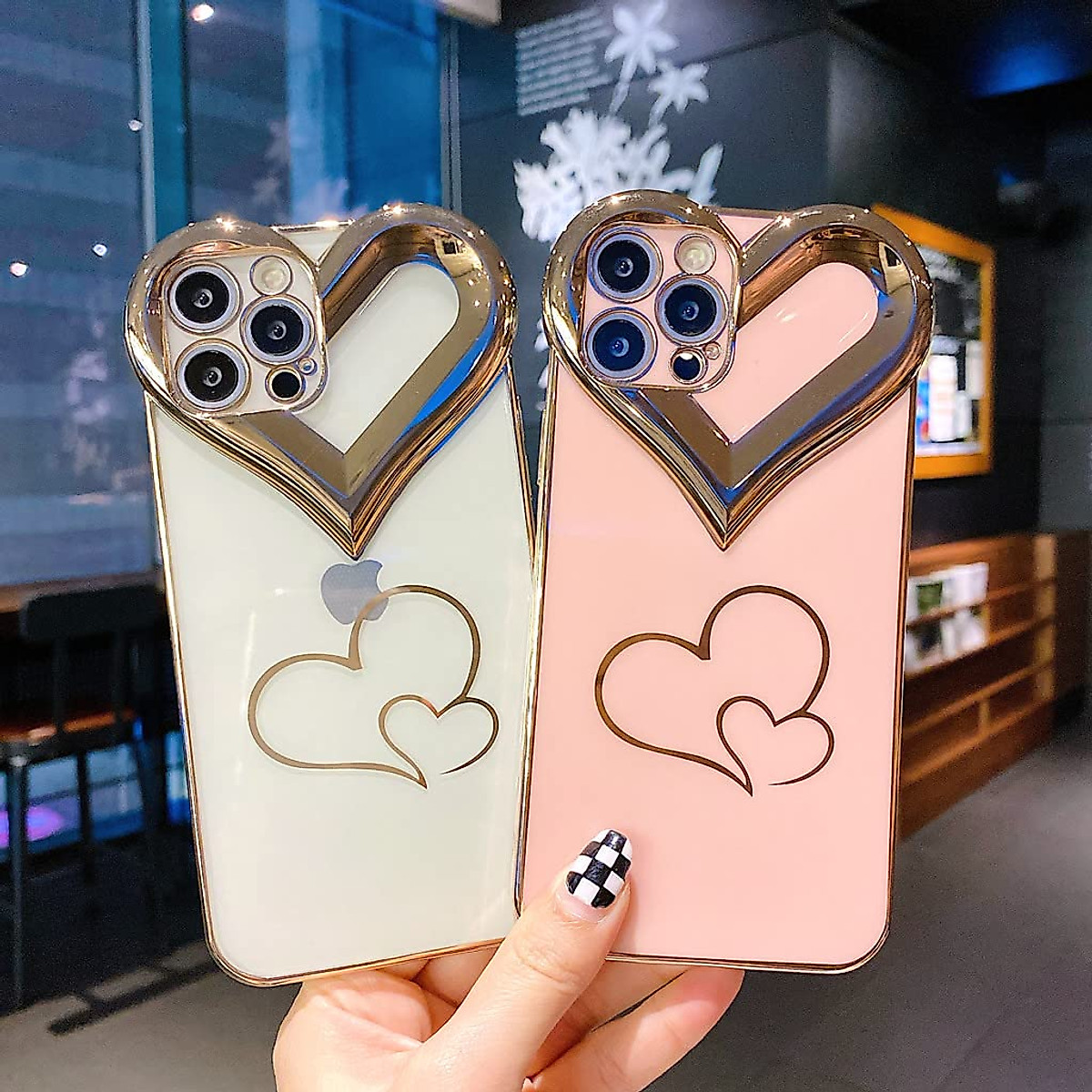 BANAILOA Compatible with Phone 13 Pro Max Cute Case, Plating 3D Love Heart Luxury Case for Women Camera Protective Soft TPU Girly Case Cover Design for Phone 13 Pro Max- 6.7 inch (Clear)