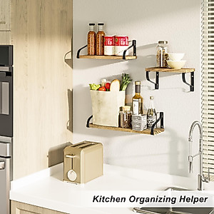 Love-KANKEI Floating Shelves Wall Mounted Set of 3, Rustic Wood Wall Storage Shelves for Bedroom, Living Room, Bathroom, Kitchen, Office and More Carbonized Black