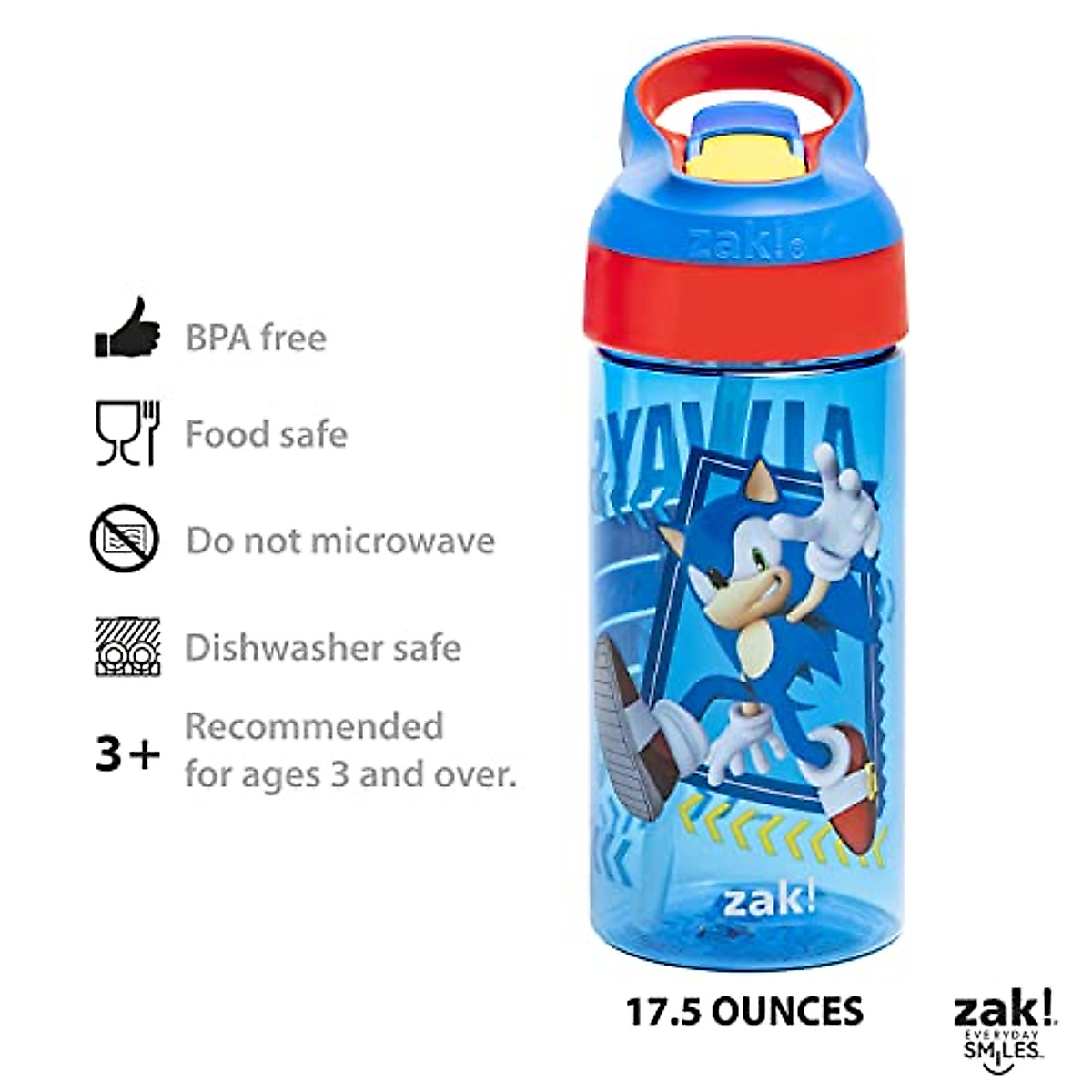 Zak Designs Sonic the Hedgehog Kids Water Bottle with Spout Cover and Built-in Carrying Loop, Made of Durable Plastic, Leak-Proof Water Bottle Design for Travel (17.5 oz, Non-BPA, Pack of 2)