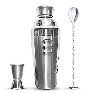 Stainless Steel Cocktail Shaker Set | 3-Piece | Anti-Smudge Martini Drink Mixer Bar Set with Mixing Spoon, 24 Oz Cocktail Drink Shaker with Jigger for Bartending | Solid Bartender Kit | Leak Proof