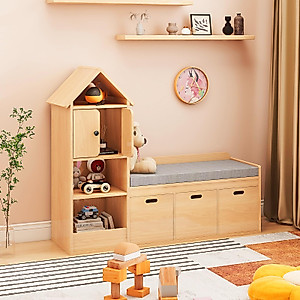 Kids Bookcase and Bookshelf with Reading Nook, Multifunctional Bookcase with 3 Open Storage Cubbies and 3 Drawers, Bookcase with Seat Cushion for Toy Storage Organizer Children's Room, Bedroom, Oak