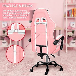Pink Gaming Chair, Big and Tall Gamer Chair, Racing Style Adjustable Swivel Office Chair, Ergonomic Video Game Chairs with Headrest and Lumbar Support