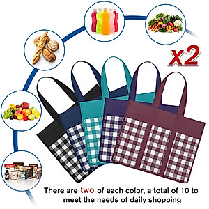 WISELIFE Reusable Grocery Shopping Bags 10 Pack Large Foldable Tote Bags Bulk, Eco Produce Bags with Long Handle for Shopping Groceries Clothes (Plaid C)