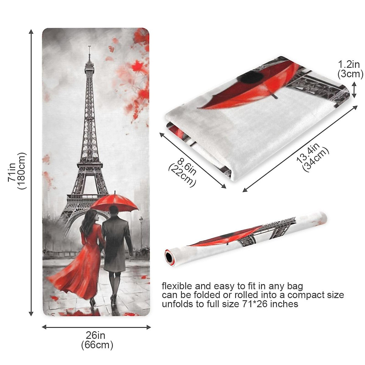 GOODOLD Romantic Eiffel Tower Yoga Mat, 71 x 26 Inch Non-slip Yoga Mats Folding Travel Exercise Mat Indoor Outdoor Gym Pilates with Storage Bag for Women Men