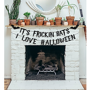 CAVLA Glitter It's Frickin Bats I Love Halloween Banner Black Glittery Halloween Garland Banner with Bat Signs Happy Halloween Party Decorations for Haunted Houses Home Wall Fireplace Party Supplies