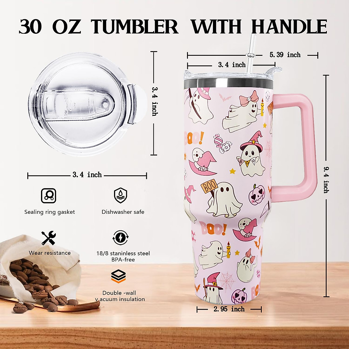wmvhdiw 30 oz Pink Boo Tumbler Insulated Stainless Tumbler,Halloween Goth Ghost Travel Coffee Cup Water Botter, Witch Goth Decor Halloween Gifts For Women