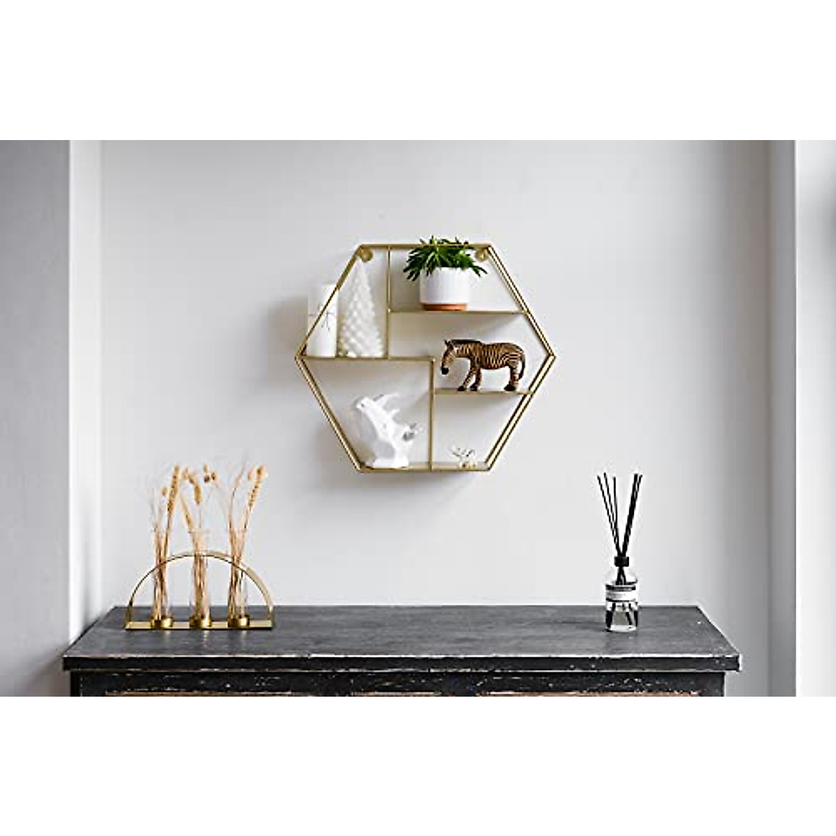 Gold Hexagon Wall Shelves, Extra Large Decorative Floating Shelf for Bathroom, Kitchen & Bedroom Wall Decor Shelfie, Glam Brass Geometric Wall Art, Metal Sconce Shelf, Boho Honeycomb Accent Display