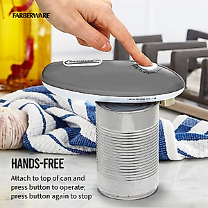 Farberware Compact Battery Operated Hands-Free Automatic Can Opener for any Size Can with Magnet to Safely Remove Lid, Seamless Opening Decreases Sharp Edges for Easily and Safely Opening Cans, Gray