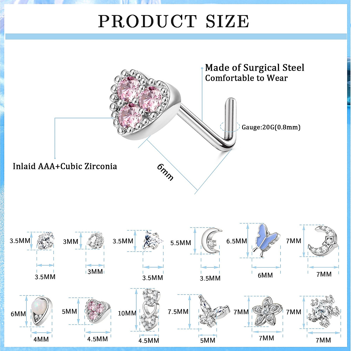 DOLOTTA 12PCS 20G Surgical Steel Nose Rings Studs for Women Men CZ Moon Star Butterfly Nose Rings L Shaped Opal Snowflake Flower Nose Studs Silver