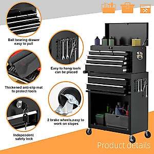 DUSACOM 8-Drawer High Capacity Rolling Tool Chest, Removable Cabinet Storage Tool Box with Wheels and Drawers, Detachable Toolbox with Lock for Workshop Mechanics Garage (Black)