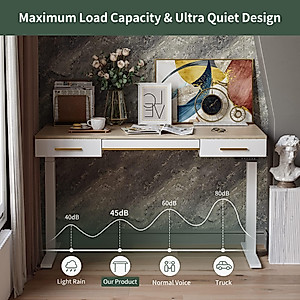 FEZIBO Mid Century Modern Standing Desk with 3 Drawers, 55 x 26 Inches Whole-Piece Sit Stand Up Desk for Home Office, White Top with White Frame (2 Packages)