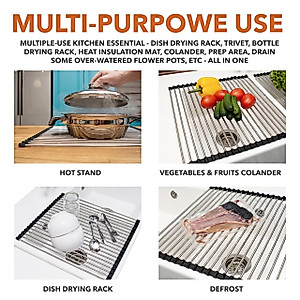 Roll Up Dish Drying Rack 21" x 16" - Over The Sink for Kitchen Counter, Foldable SUS304 Stainless Steel Dish Drying Rack for Cups, Utensils, Fruits, Vegetables