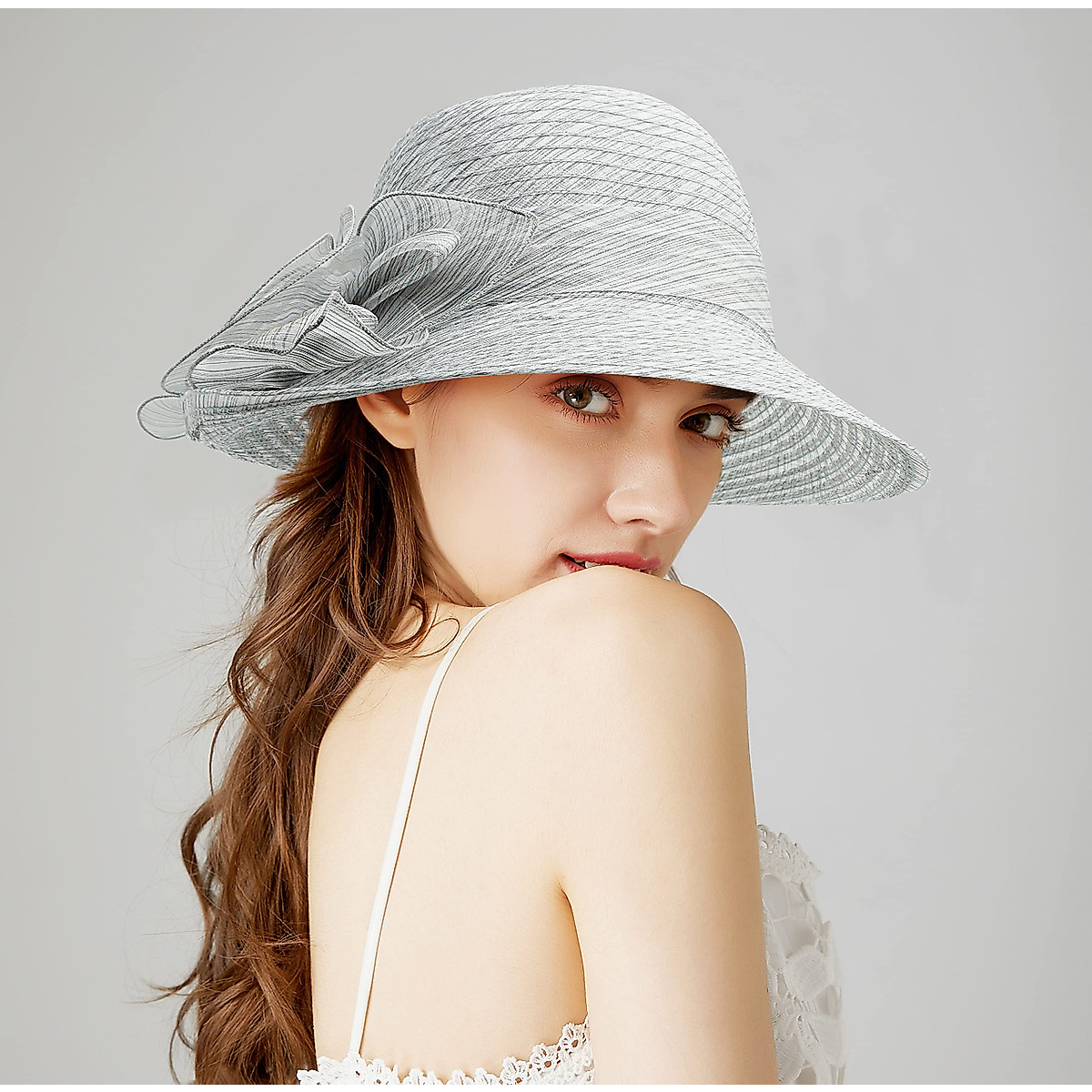 Bellady Women's Organza Wide Brim Flower Wedding Tea Party Hat Church Dress Sun Hat,Light Gray