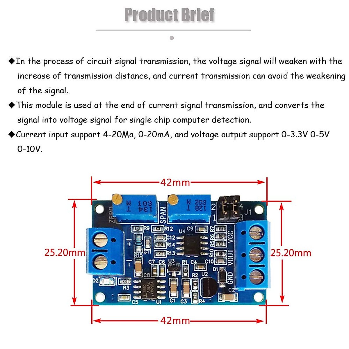Ximimark 2Pcs Current to Voltage Converter Module 0/4-20mA to 0-3.3V 0-5V 0-10V Voltage Transmitter Signal Conversion Conditioning Board