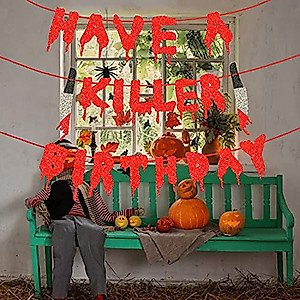 GETTERB 2 Pack Halloween Banner Decorations Red Glitter Hanging Garland Banner, Have a Killer Birthday Banner & Happy Halloween Banner Scary Vampire Horror Bloody Photo Prop Party Decor Supplies