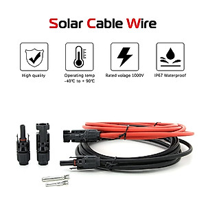 Solar Panel Extension Cable 12 Gauge 12 AWG 10 Feet Black + 10 Feet Red Solar Panel Extension Cable Wire Solar Connectors