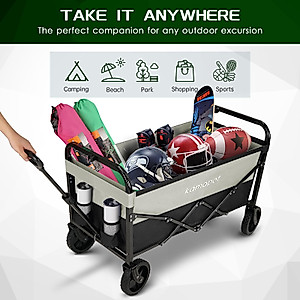 Kamopot Large Collapsible Wagon Foldable for Grocery, Beach, Park, Yard, 34 x 18 Inch Inner Storage. Folding Utility Shopping Cart on Wheels. Heavy Duty, Durable w/Cupholders (Black-Gray)